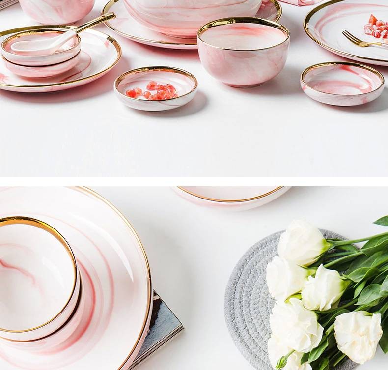 Luxury 1pc Pink Marble Ceramic Dinner Dish Plate Rice Salad Noodles ...