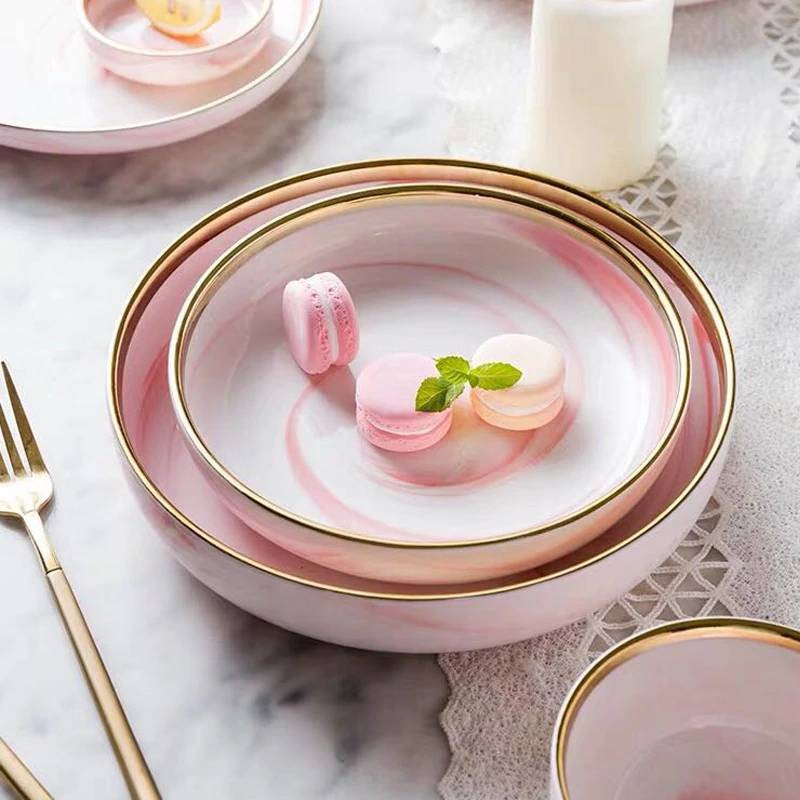 Luxury 1pc Pink Marble Ceramic Dinner Dish Plate Rice Salad Noodles ...