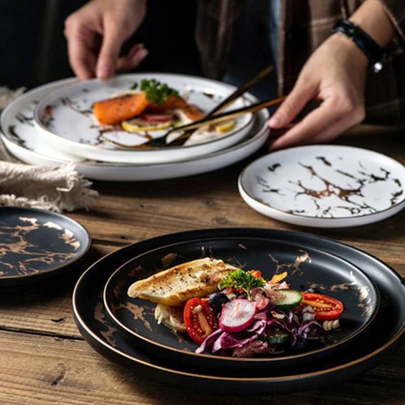Luxury 1PCS 6/8/10inch Tableware Luxury Gold Edges Marble Dinner Plate ...