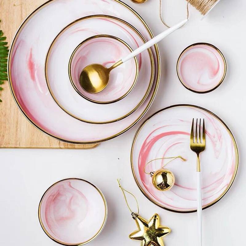 Luxury 2 People Set Pink Marble Ceramic Dinner Dish Rice Salad Noodles ...
