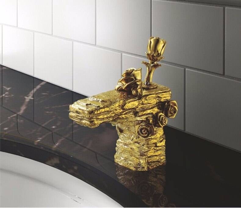 Luxury Basin Faucets Gold Brass Deck Mount Waterfall Bathroom Sink ...