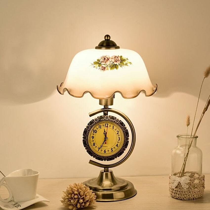 Luxury European Table Lamp with clock Creative white glass shade metal ...