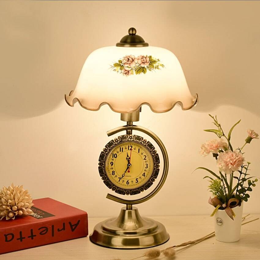 Luxury European Table Lamp with clock Creative white glass shade metal ...