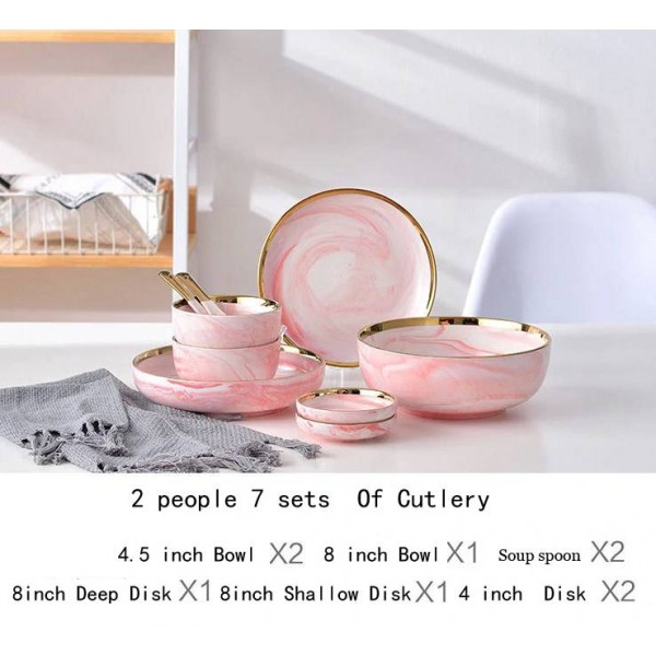 Luxury 2 People Set Pink Marble Ceramic Dinner Dish Rice Salad Noodles ...