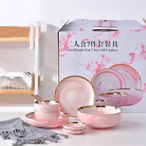 Luxury 2 People Set Pink Marble Ceramic Dinner Dish Rice Salad Noodles ...
