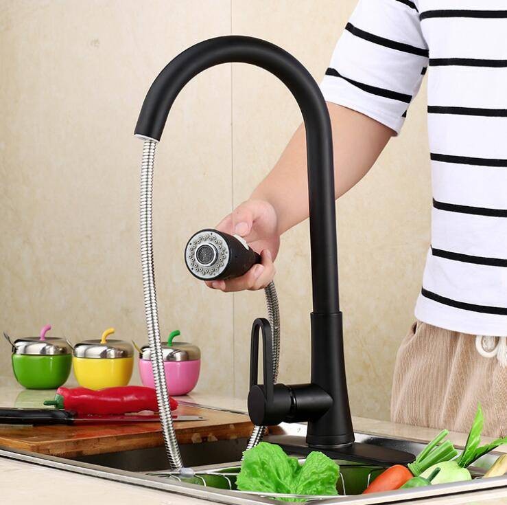 Luxury European classic pull out black hot and cold mixed faucet copper ...