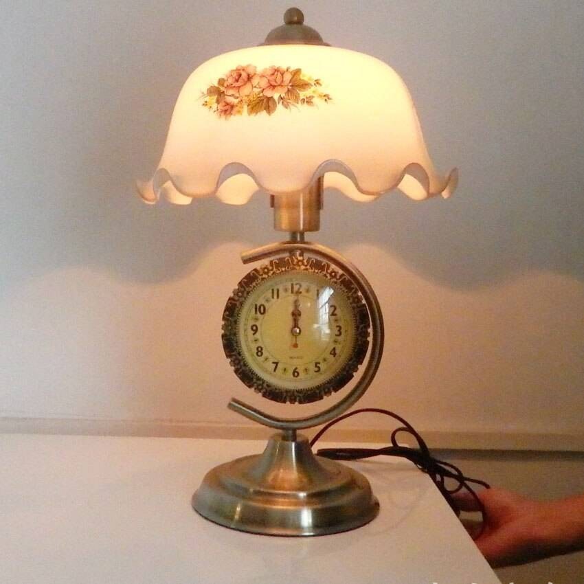 Luxury European Table Lamp with clock Creative white glass shade metal ...