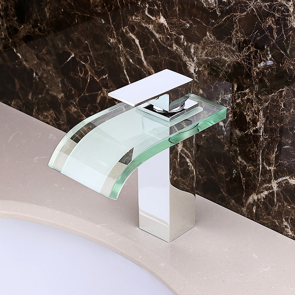 Luxury Modern Co-crystal Glass Spout 1-Hole Waterfall Bathroom Sink ...